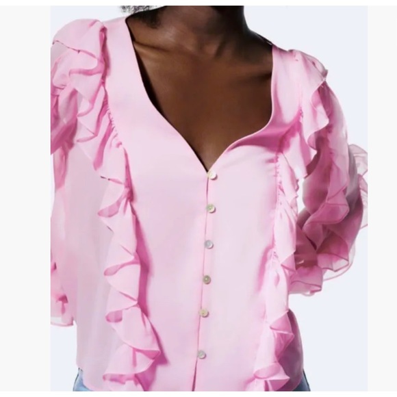 Zara | Tops | Zara Pink Ruffle Sheer Blouse | Poshmark